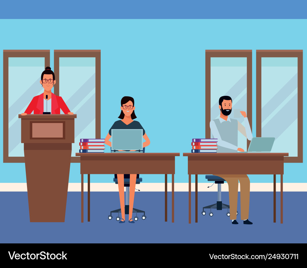 People in podium and desk Royalty Free Vector Image