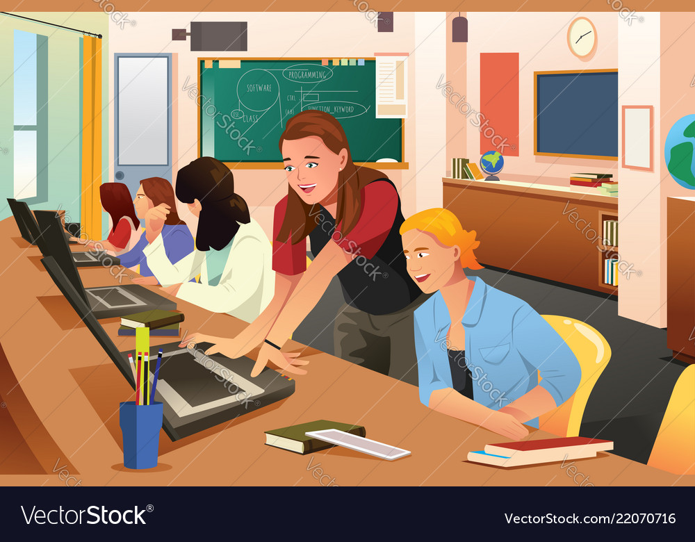 Female teacher in computer class with students Vector Image