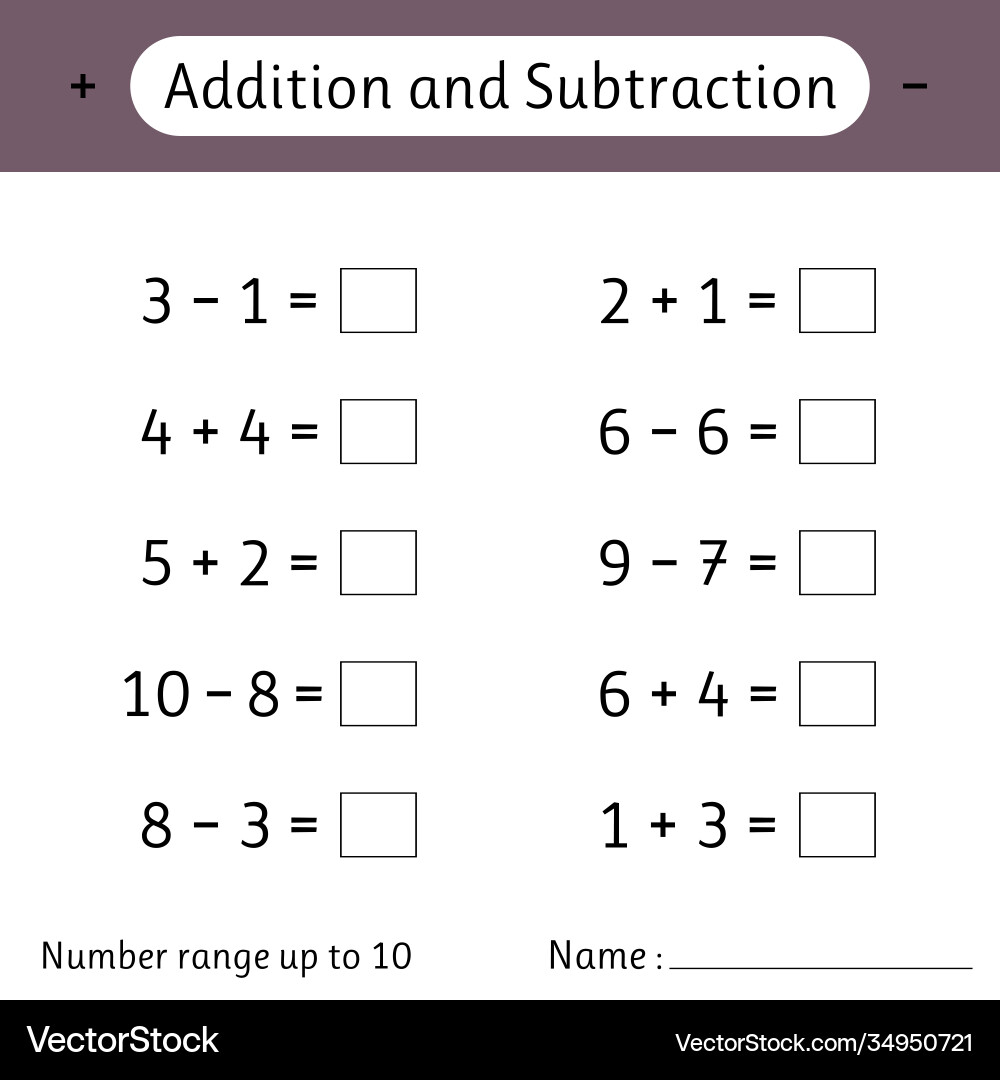 Addition and subtraction number range up to 10 Vector Image