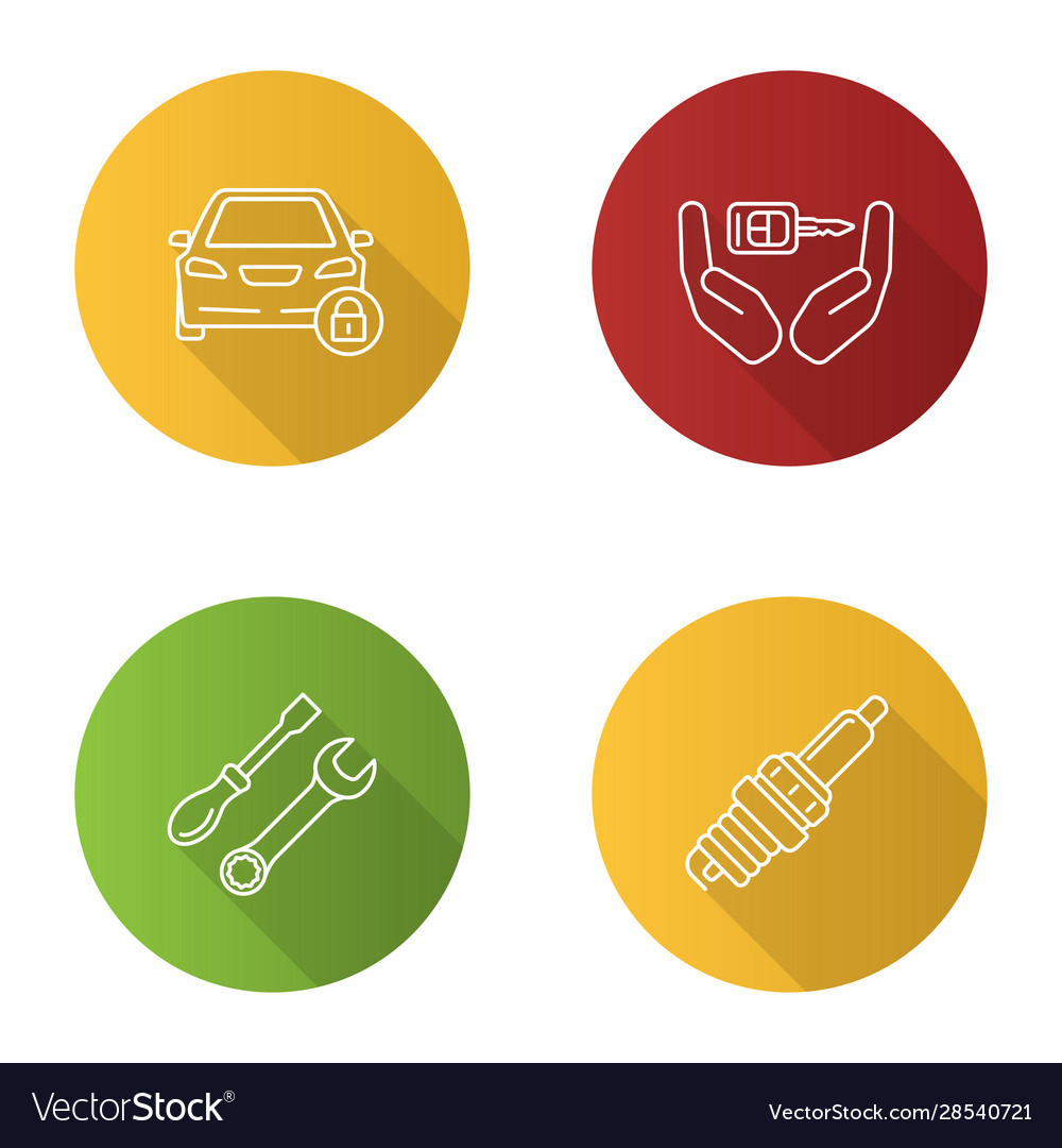 Auto workshop flat linear long shadow icons set Vector Image