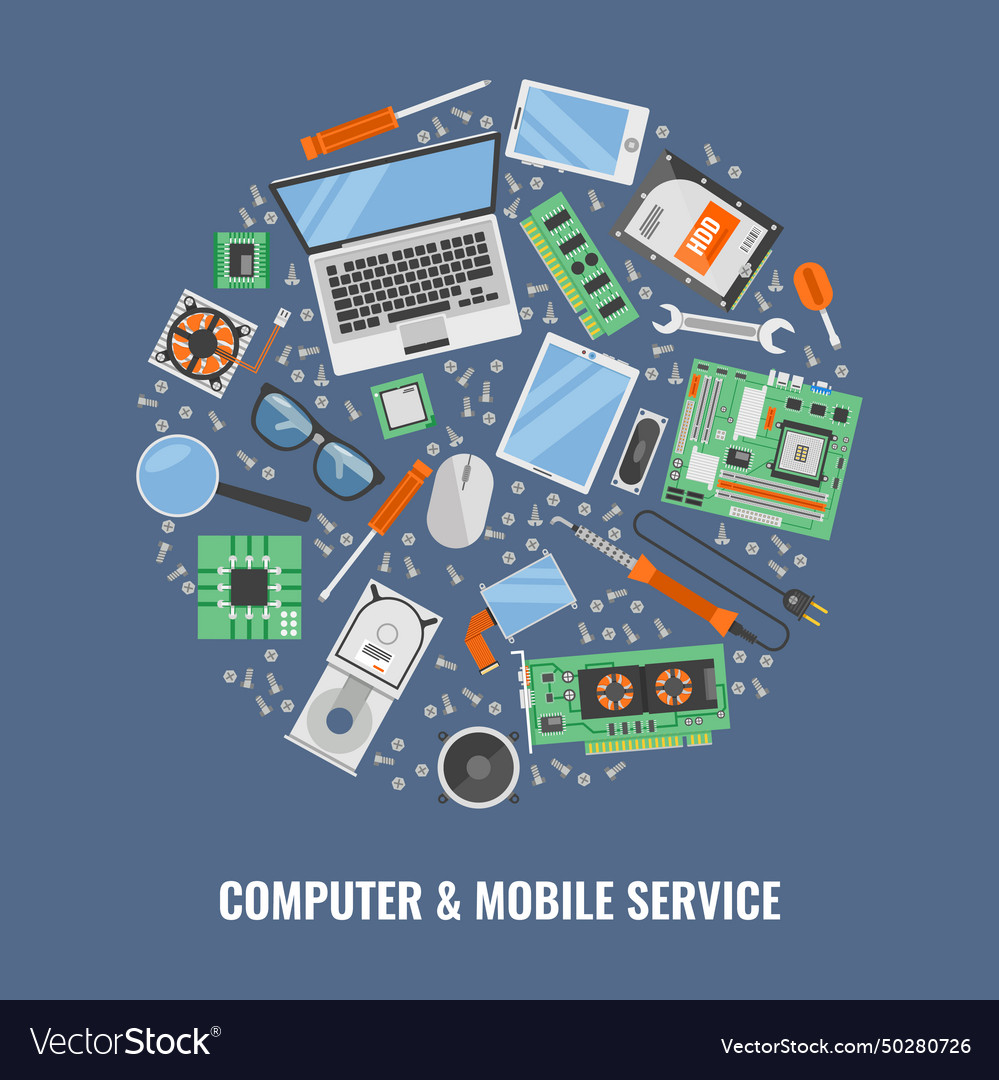 Computer service round composition Royalty Free Vector Image