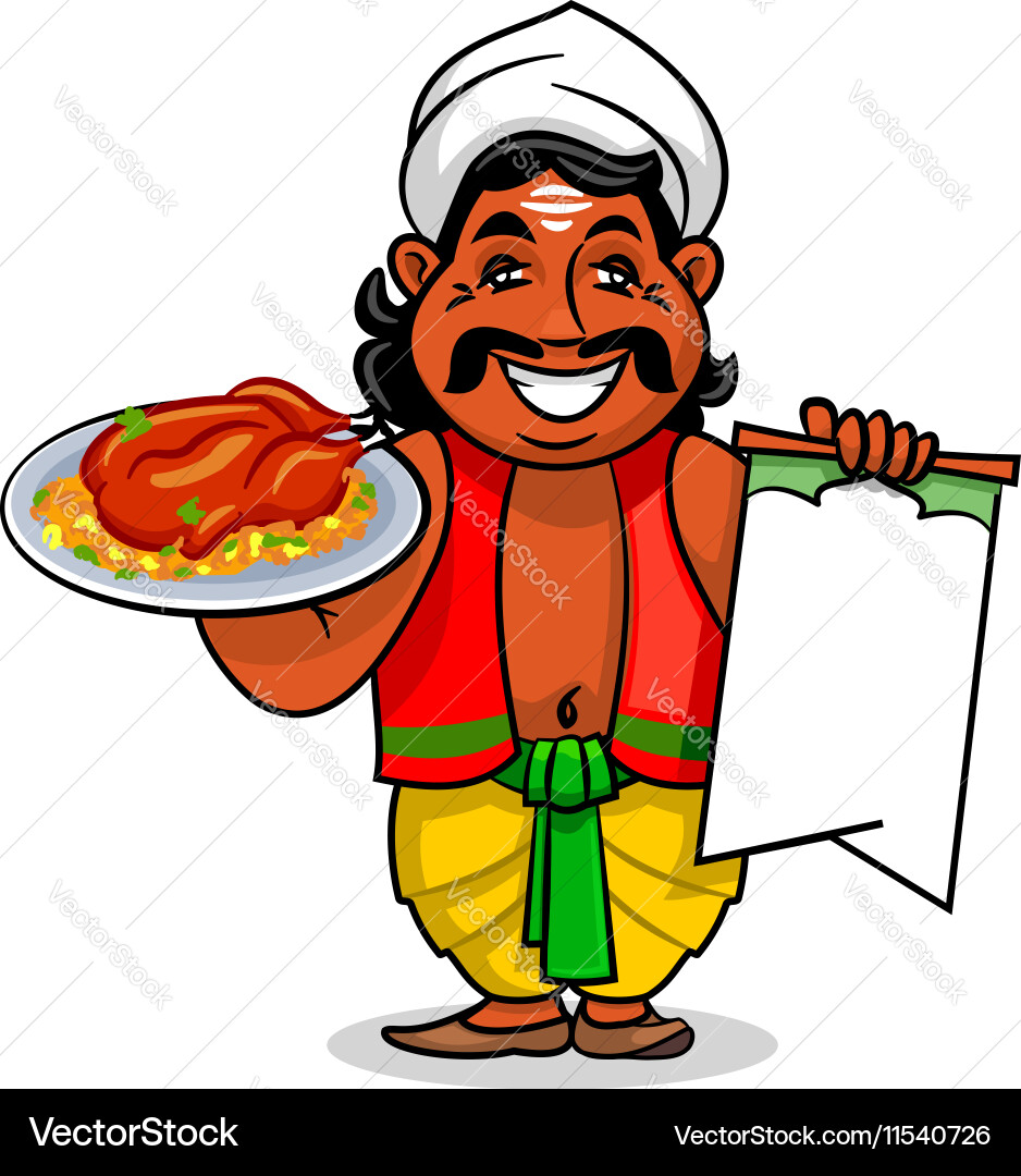 Indian cook with menu and chicken curry rice Vector Image
