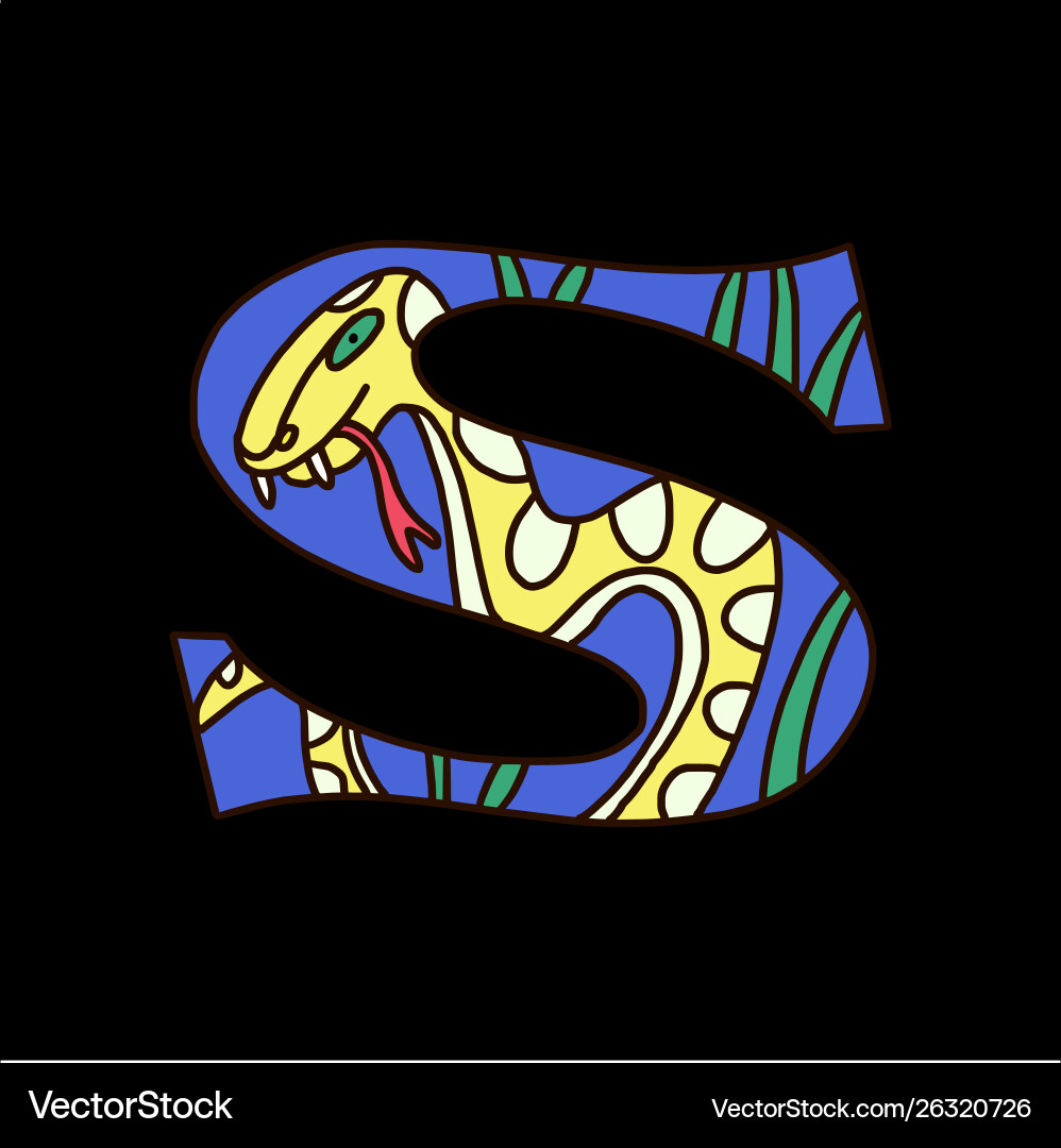 Serif alphabet letter s with doodle snake Vector Image