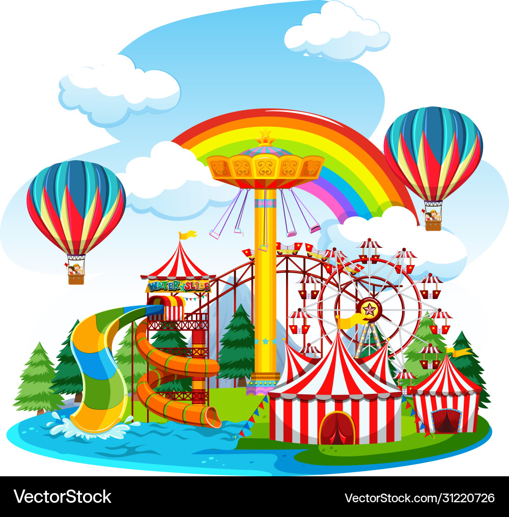 Themepark scene with many rides at day time Vector Image