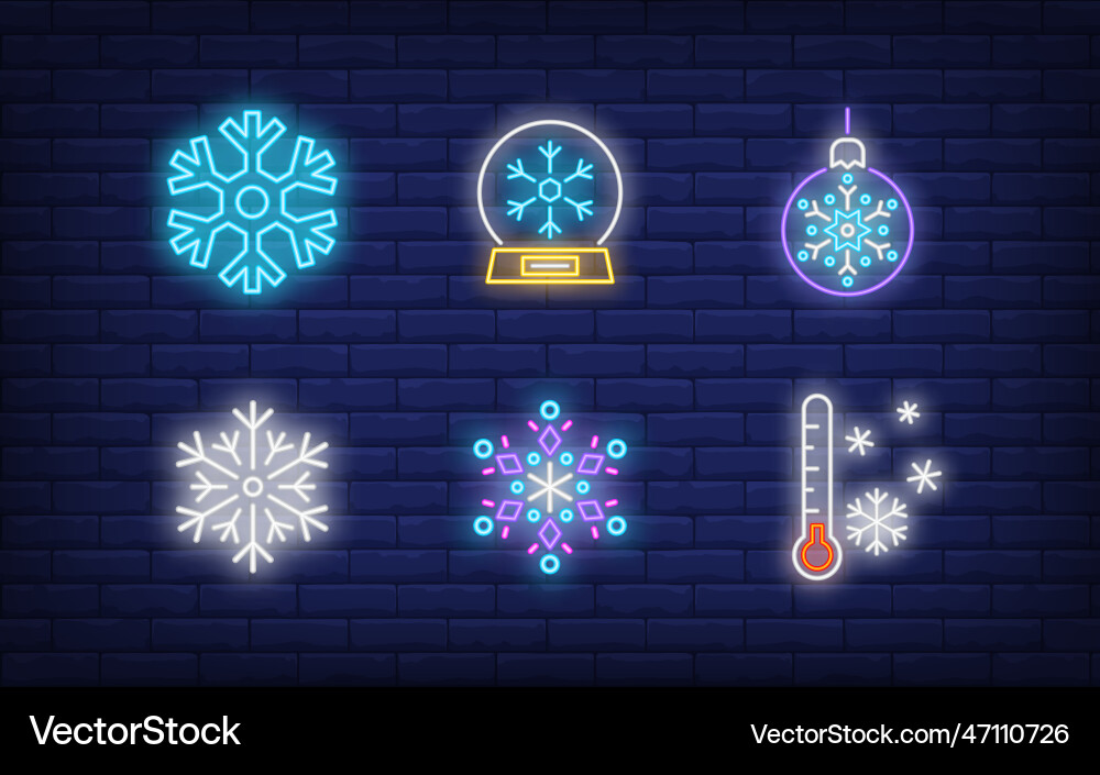 Winter neon sign set with snowflakes Royalty Free Vector