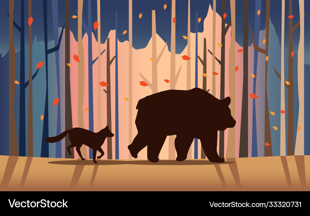 Big bear and fox animals in landscape scene Vector Image