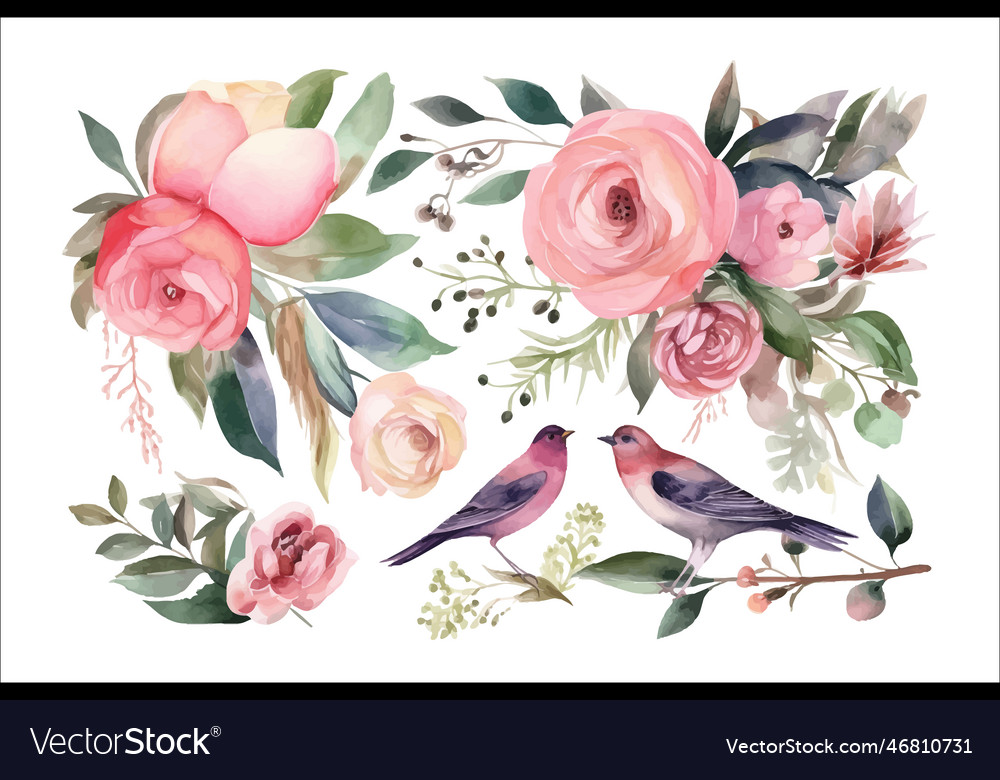 Botanic watercolor set with flowers and birds Vector Image