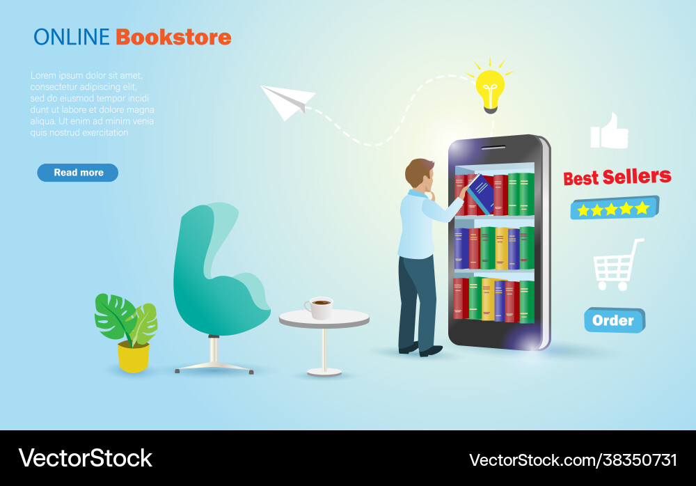 Man online select books from smartphone bookstore Vector Image