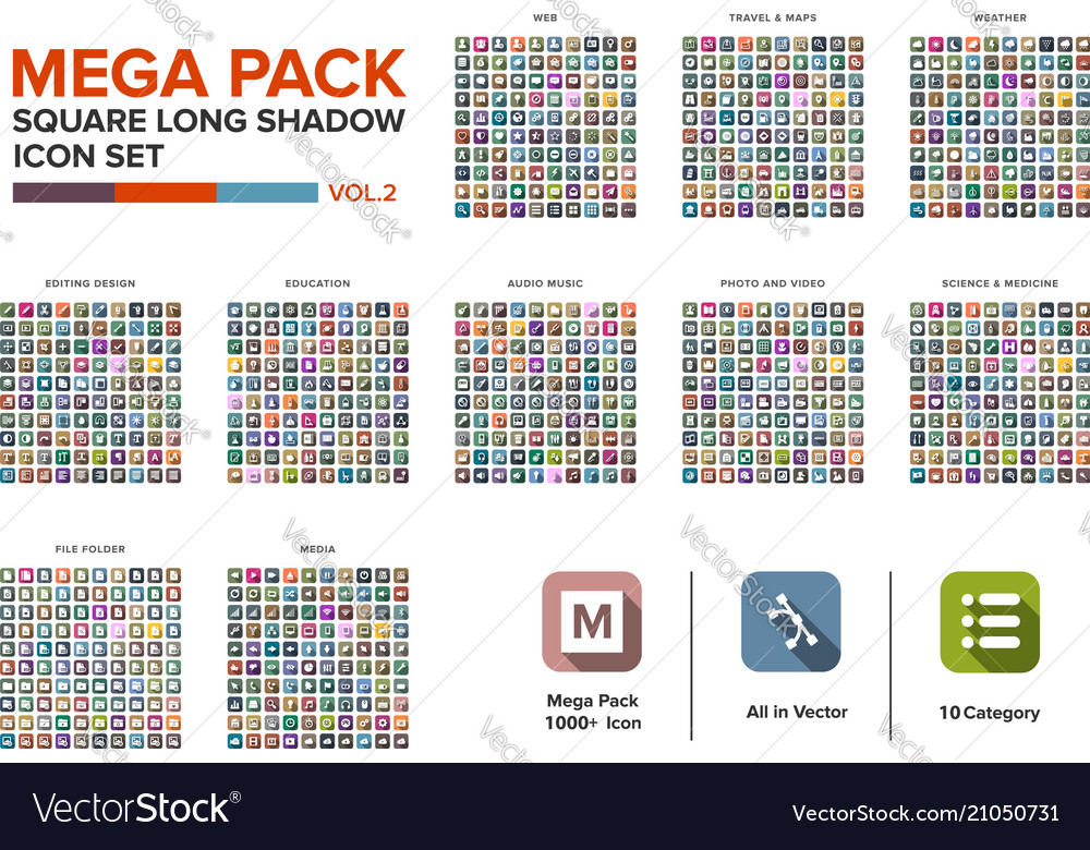 Mega pack square icon set bundle long shadow Vector Image
