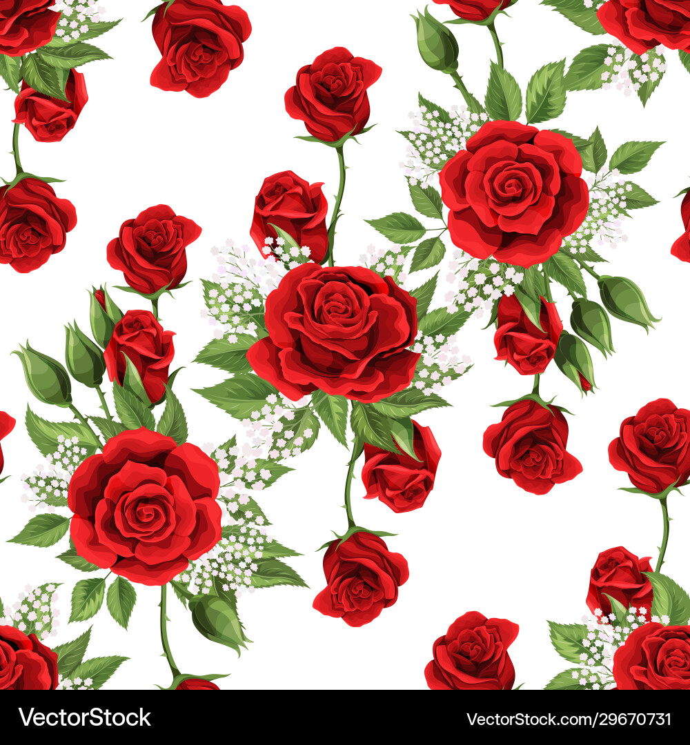 Red rose flowers and green leaves elements Vector Image
