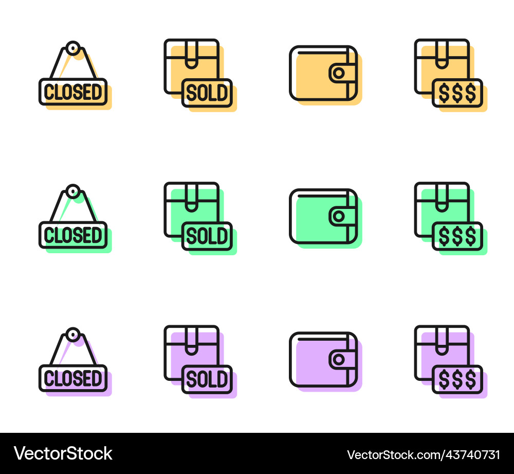Set line wallet hanging sign with text closed Vector Image