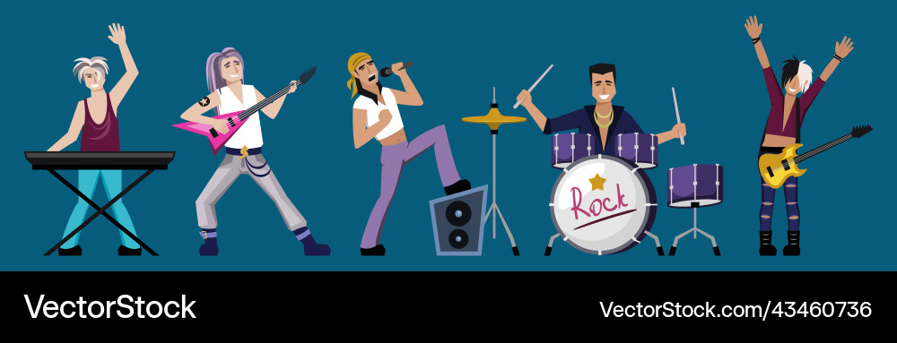 Rock band musicians group characters in action Vector Image