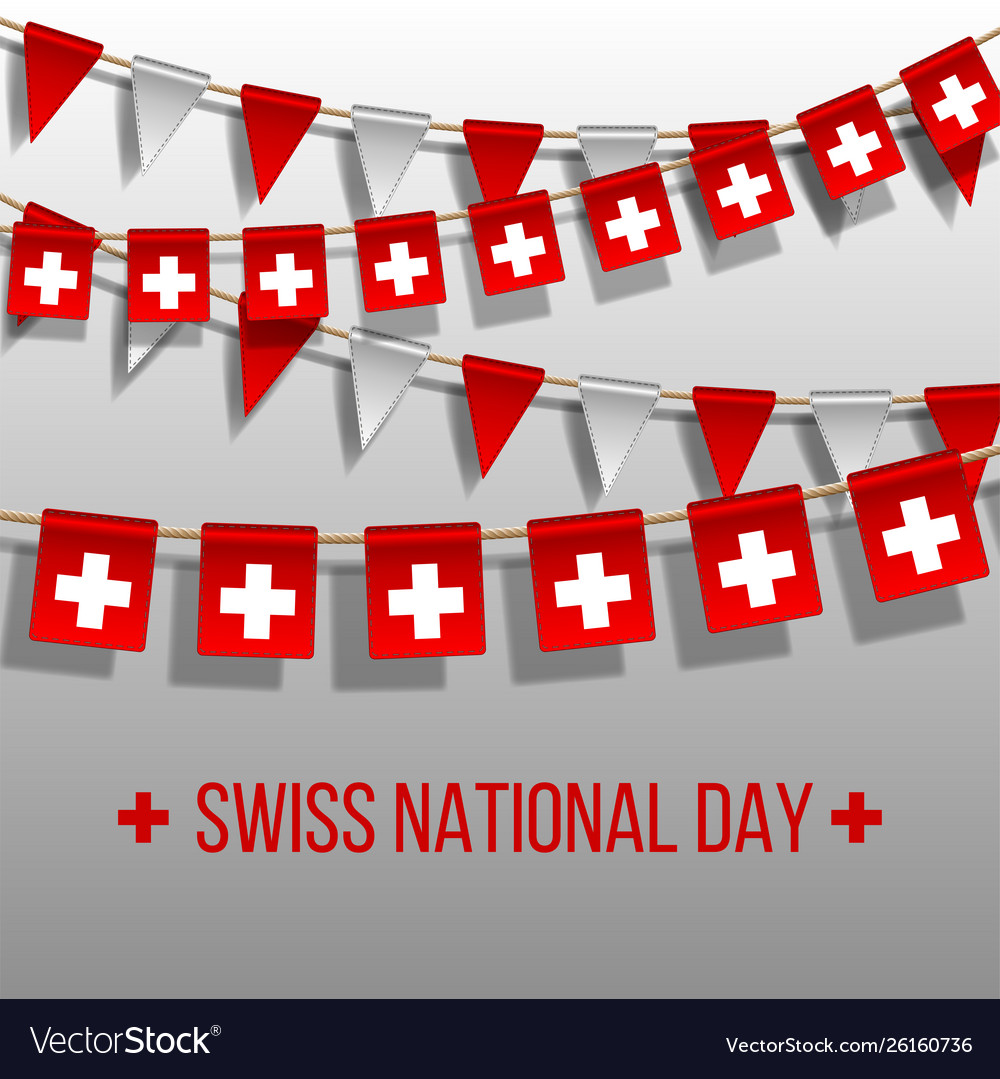 Swiss national day background with hanging flags Vector Image
