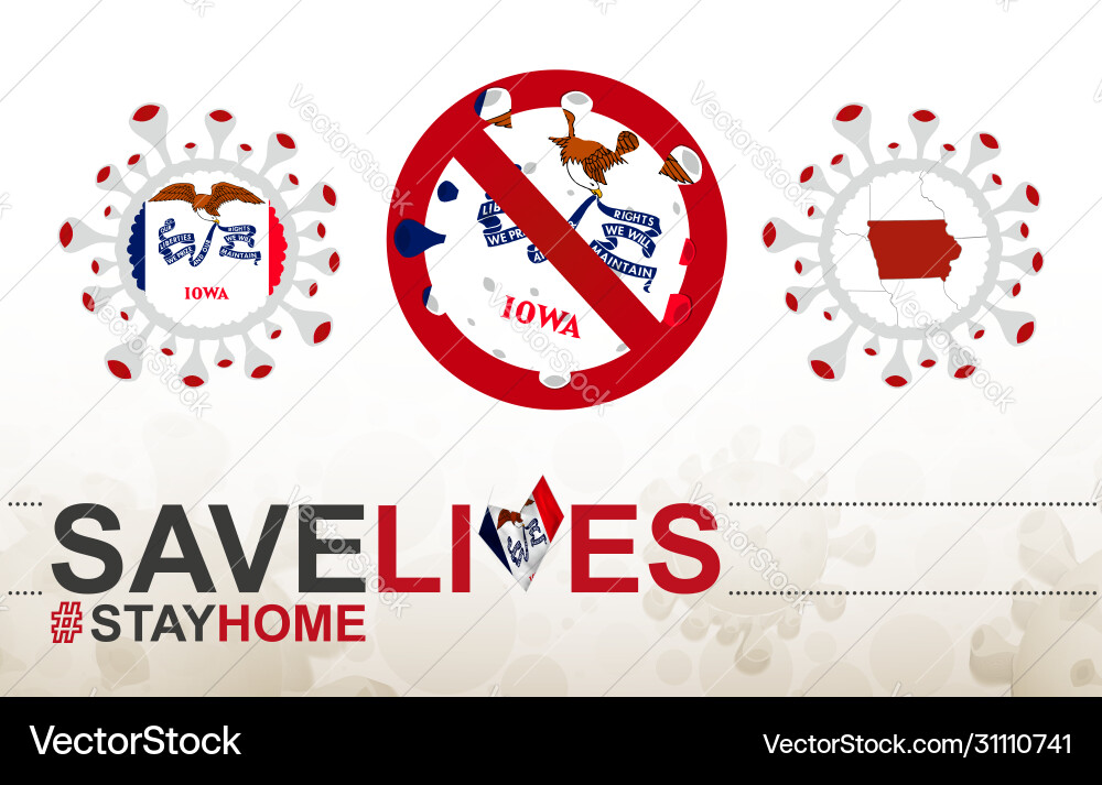 Coronavirus cell with us state iowa flag and map Vector Image