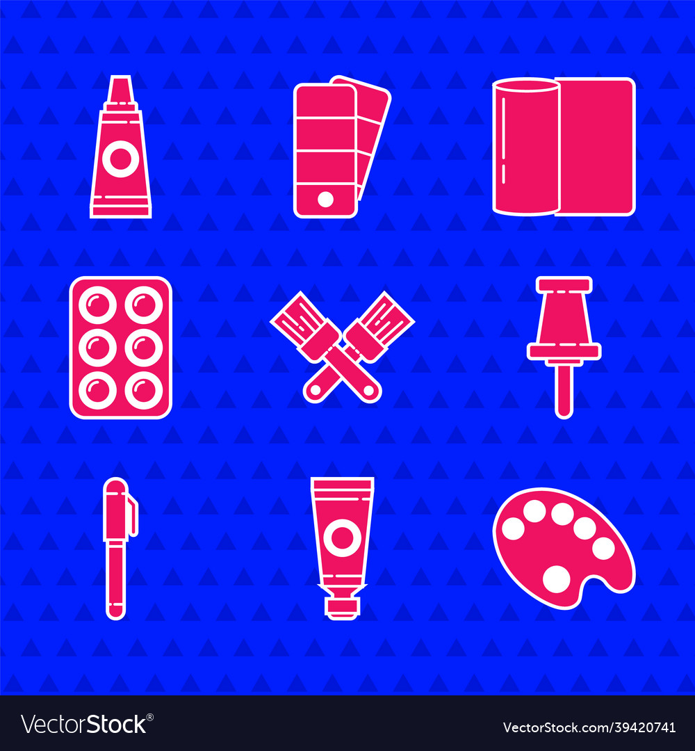 Set crossed paint brush tube with palette Vector Image Set crossed paint brush tube with palette Vector Image