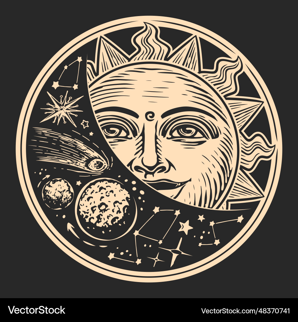 Sun and stars in space astrology concept Vector Image
