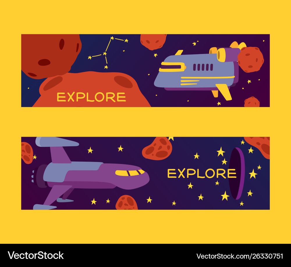 Spaceships in cosmos with planets set banners Vector Image