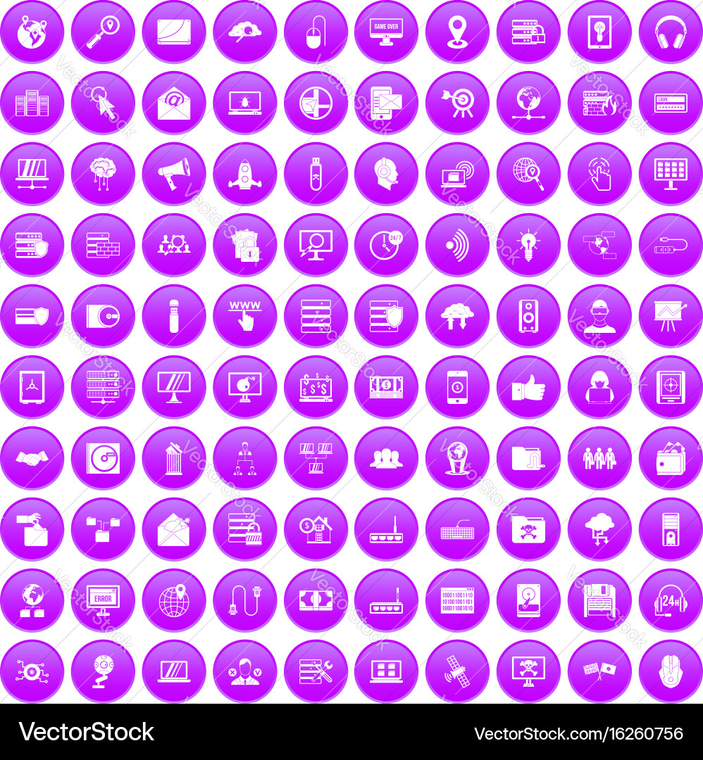 100 cyber security icons set purple Royalty Free Vector
