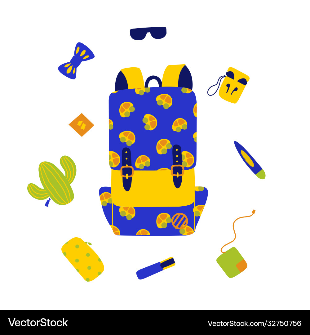Backpack schoolbag flat school supplies cartoon Vector Image