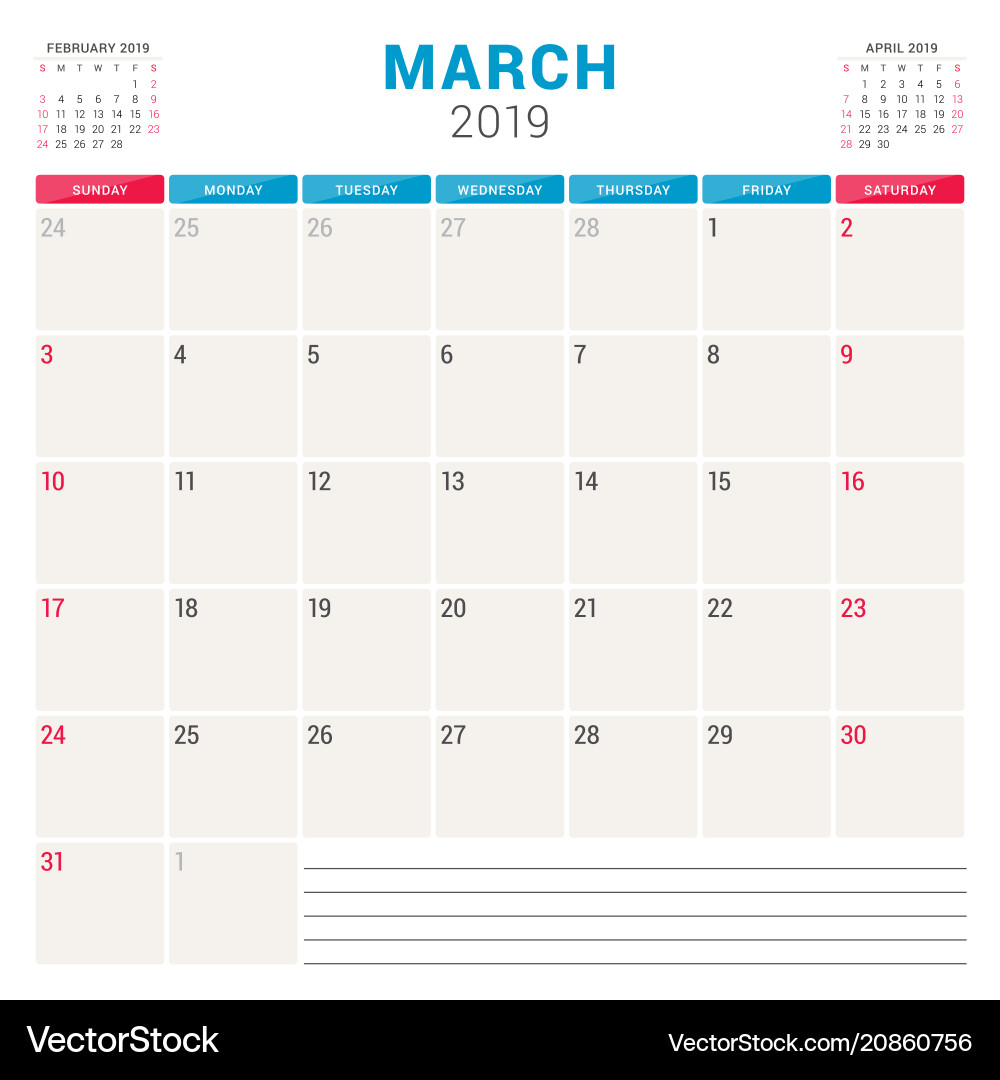 Calendar planner for march 2019 week starts Vector Image