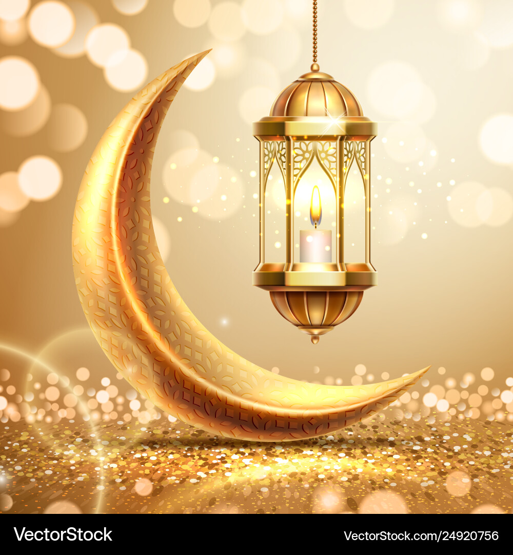 Crescent and lantern on ramadan greeting card Vector Image