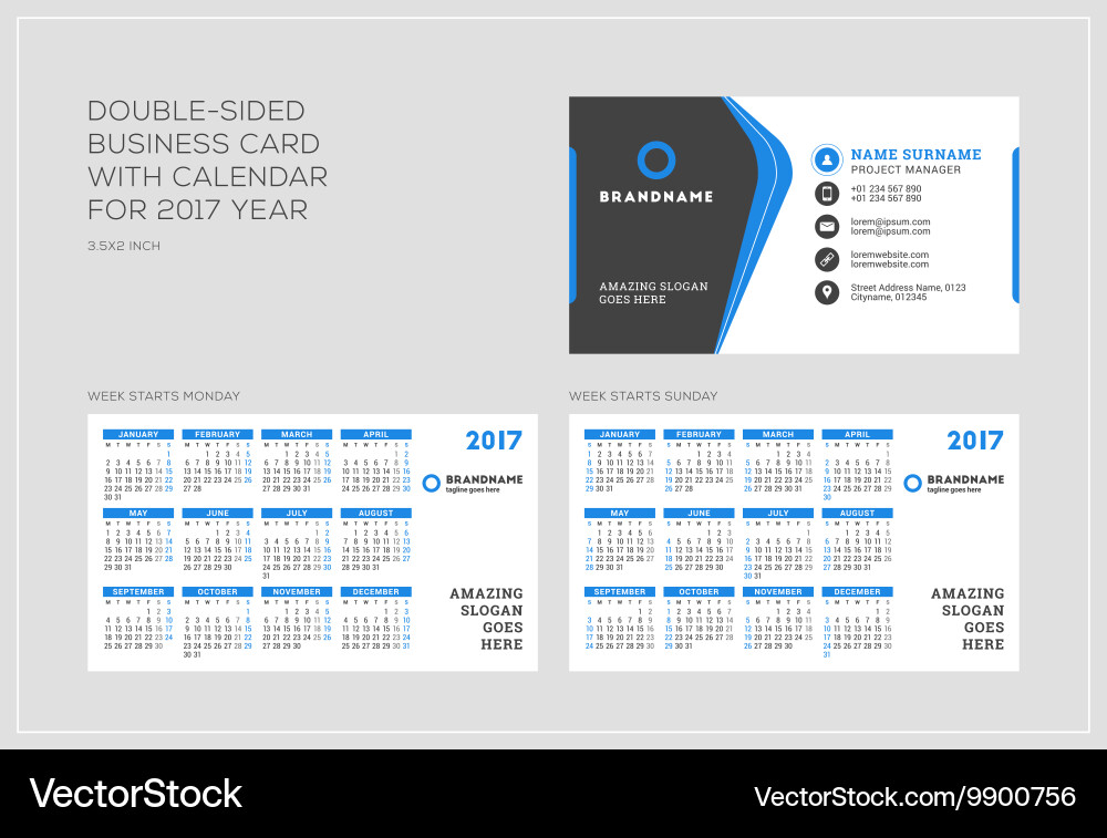 Double-sided business card template with calendar Vector Image