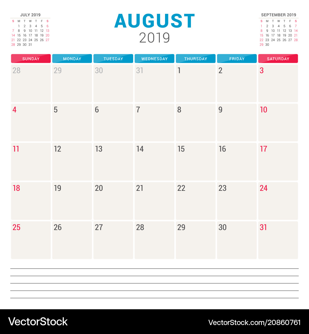 Calendar planner for august 2019 week starts on Vector Image
