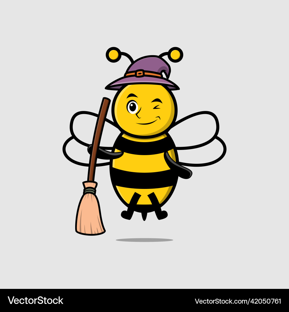 Cartoon witch shaped bee with hat and broomstick Vector Image