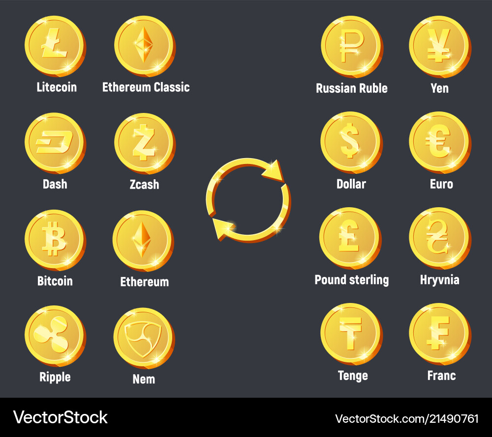 Crypto currency and money exchange set Royalty Free Vector