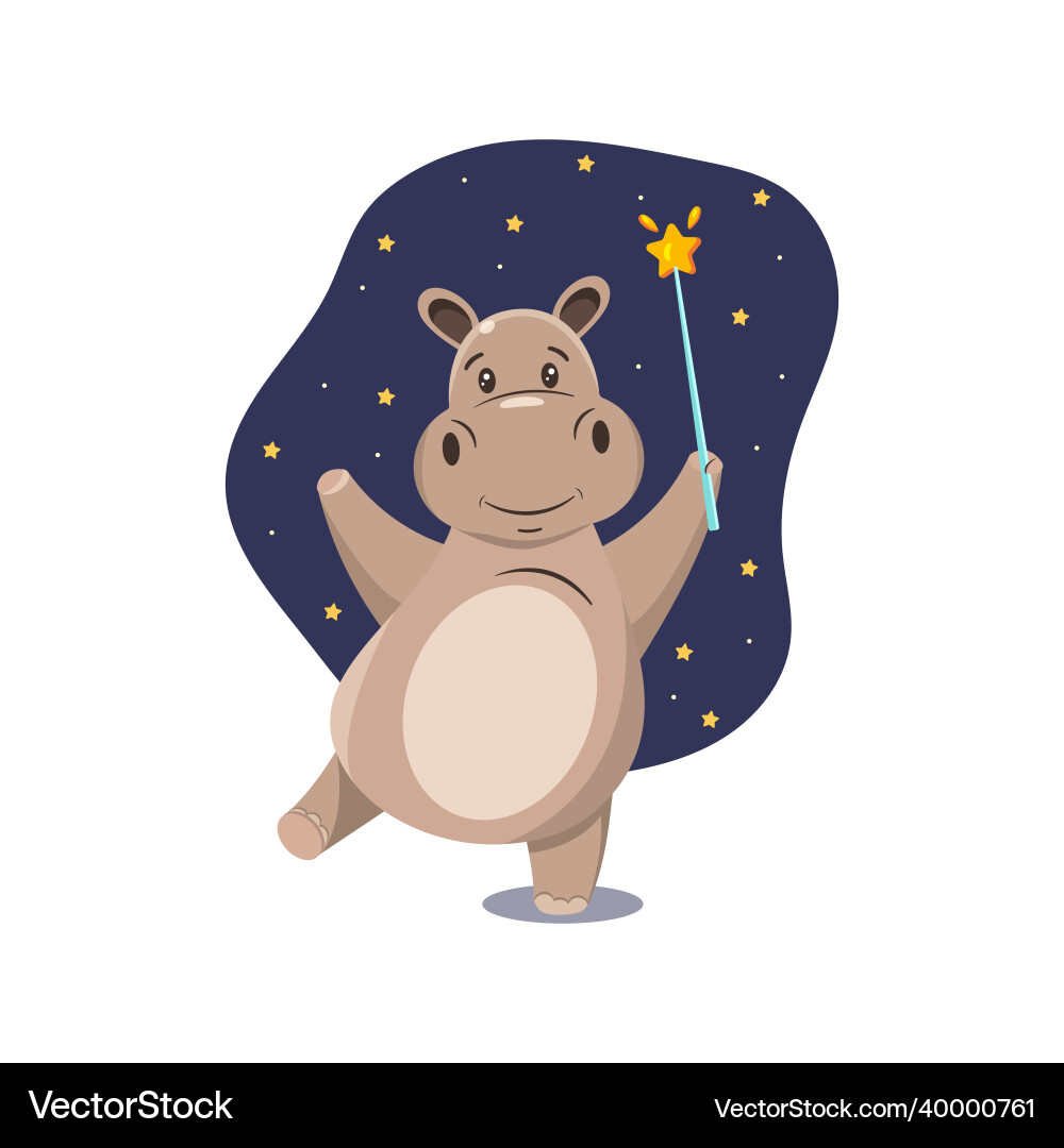 Cute hippo with a magic wand in his hand smiling Vector Image