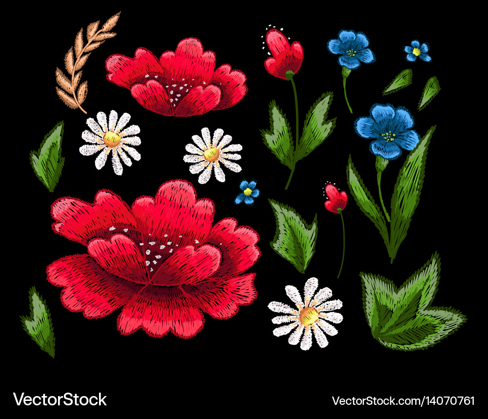 Embroidery stitches with flowers Royalty Free Vector Image