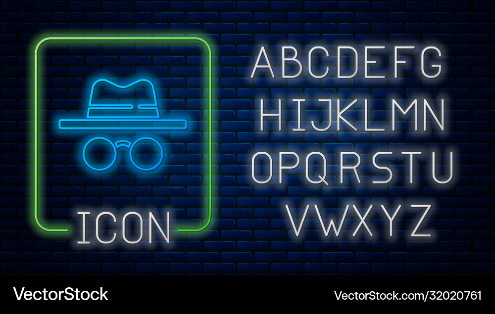 Glowing neon incognito mode icon isolated on brick