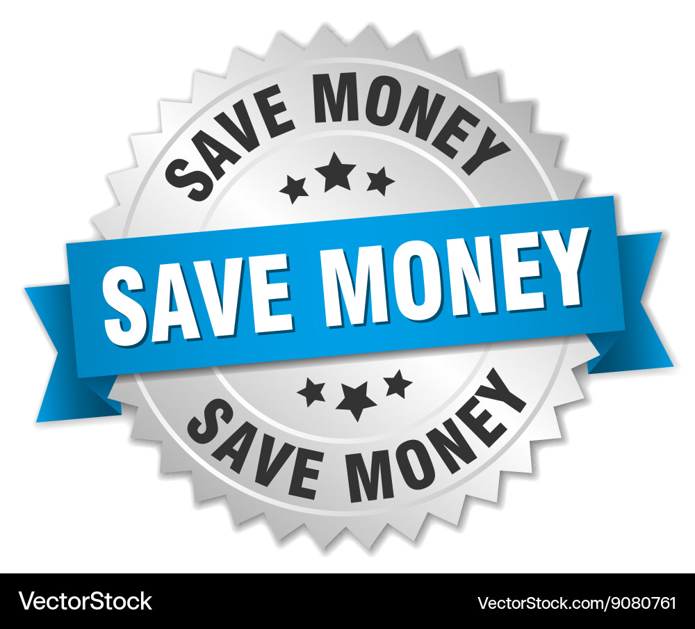 Save money 3d silver badge with blue ribbon Vector Image