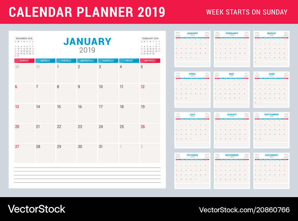 Calendar planner for 2019 year week starts Vector Image