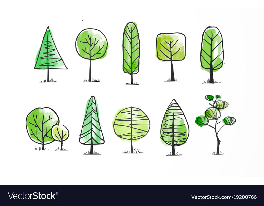 Set green doodle sketch trees on white Royalty Free Vector