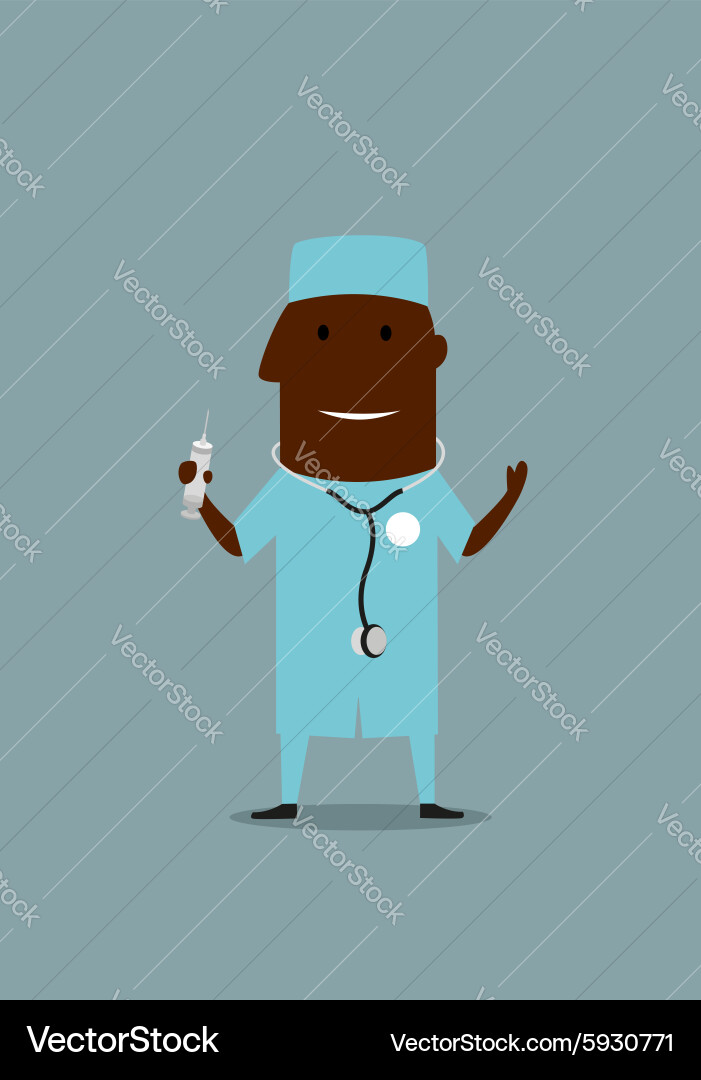 Happy doctor with stethoscope and syringe Vector Image
