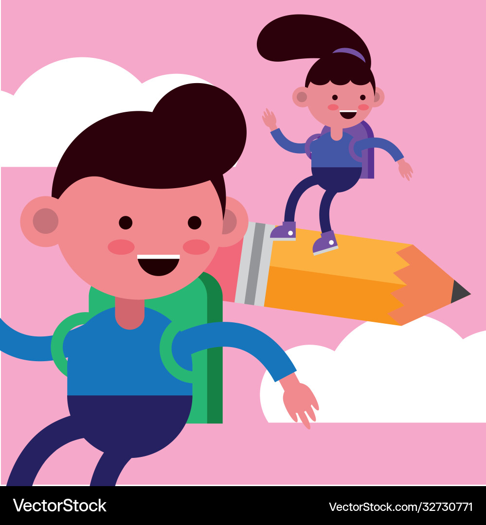 Little students couple in pencil comic characters Vector Image
