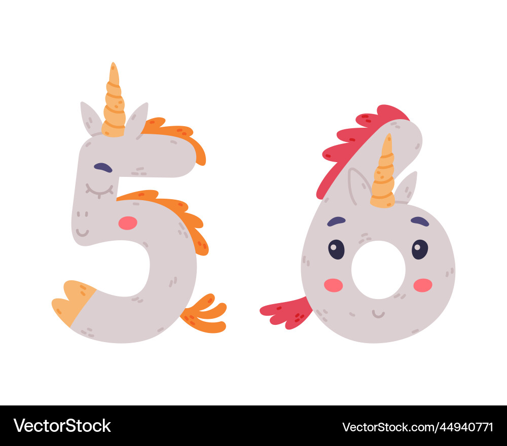 Unicorn cute number five and six with smiling face