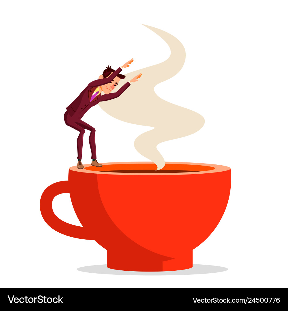 Businessman stands on edge cup coffee ready Vector Image