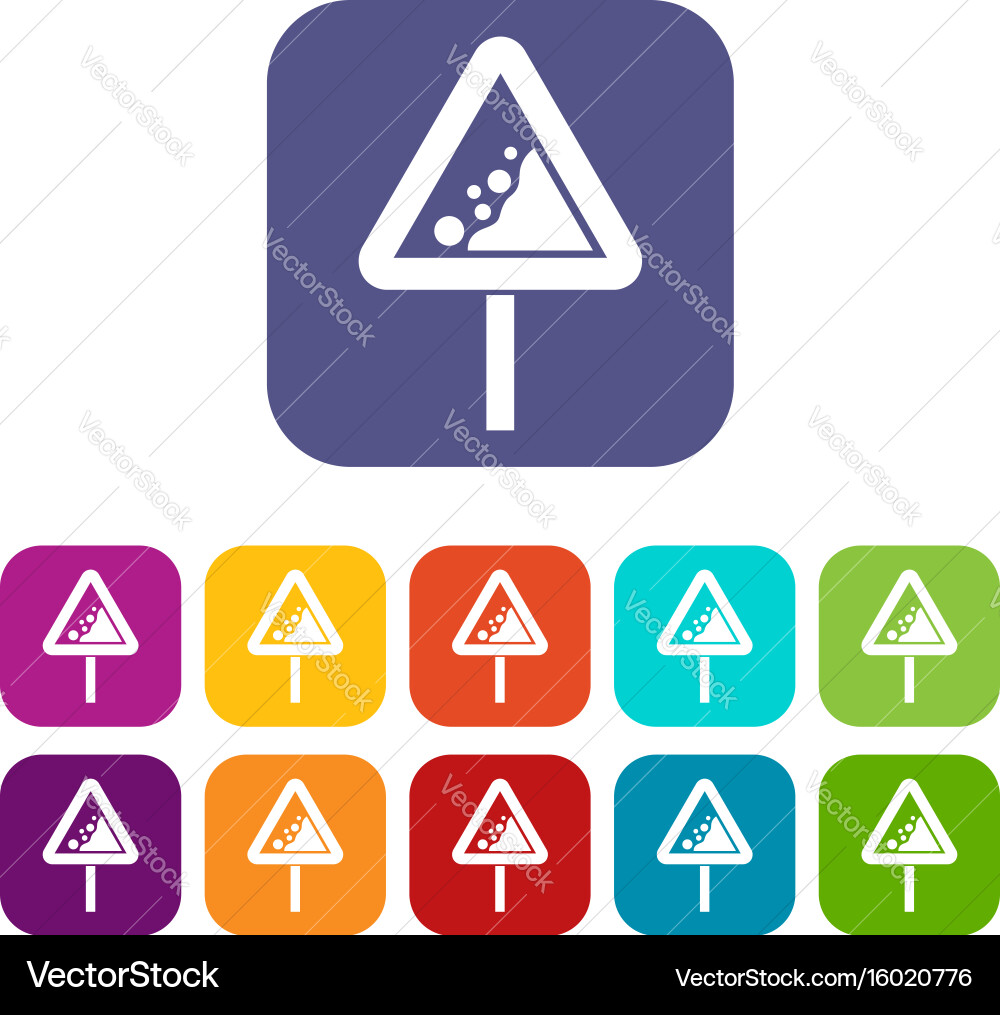 Falling rocks warning traffic sign icons set Vector Image