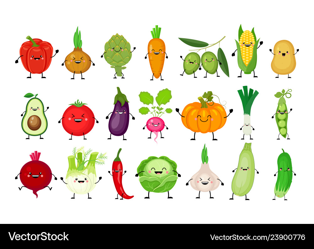 Funny cartoon set different vegetables kawaii Vector Image