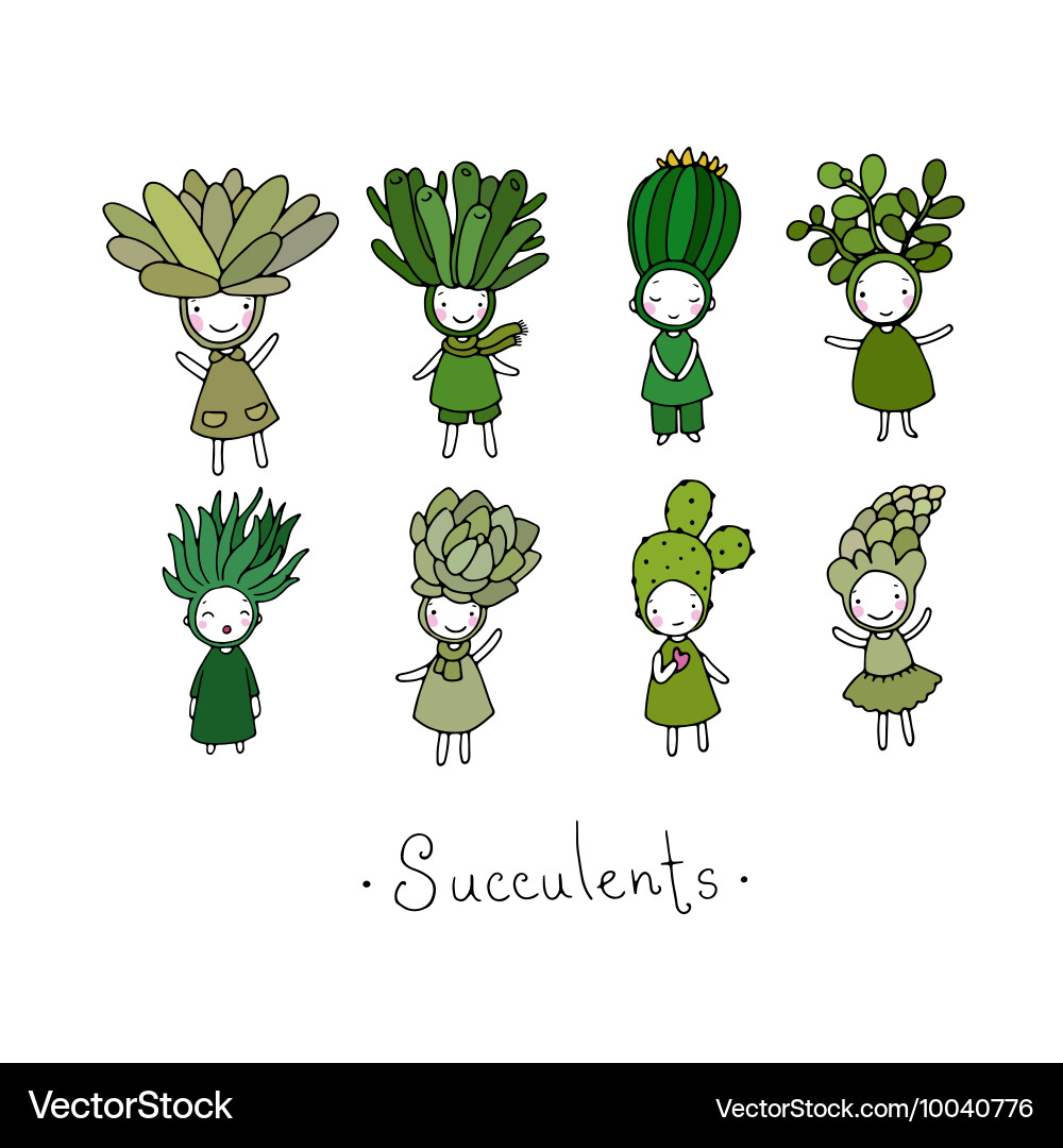 Graphic set with cute cartoon succulents Vector Image