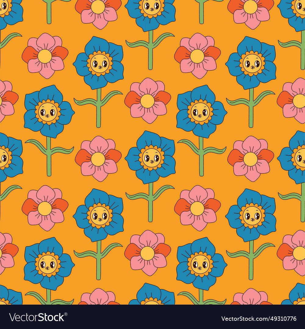 Groovy flowers seamless pattern retro 70s smiling Vector Image Groovy flowers seamless pattern retro 70s smiling Vector Image