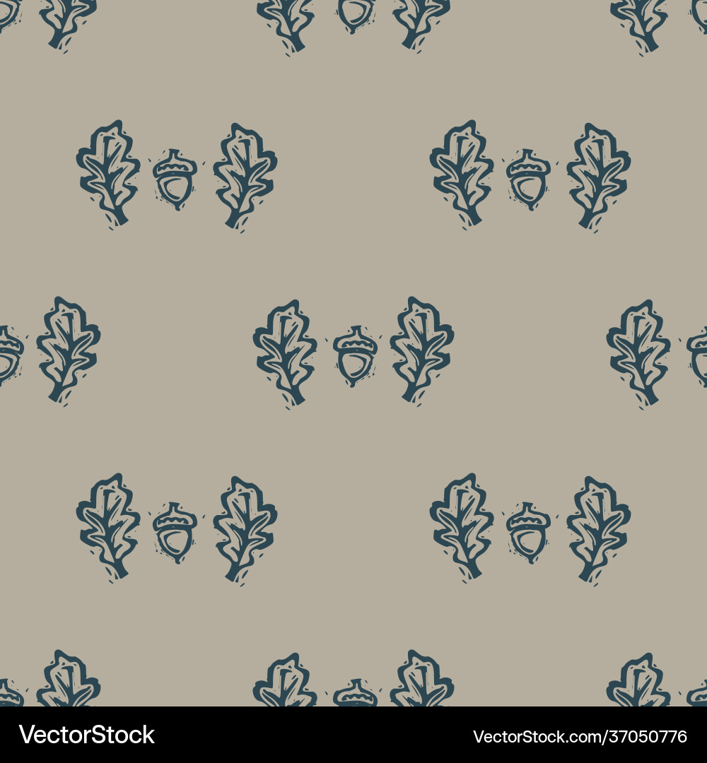 Handmade carved forest oak leaf acorn block print Vector Image