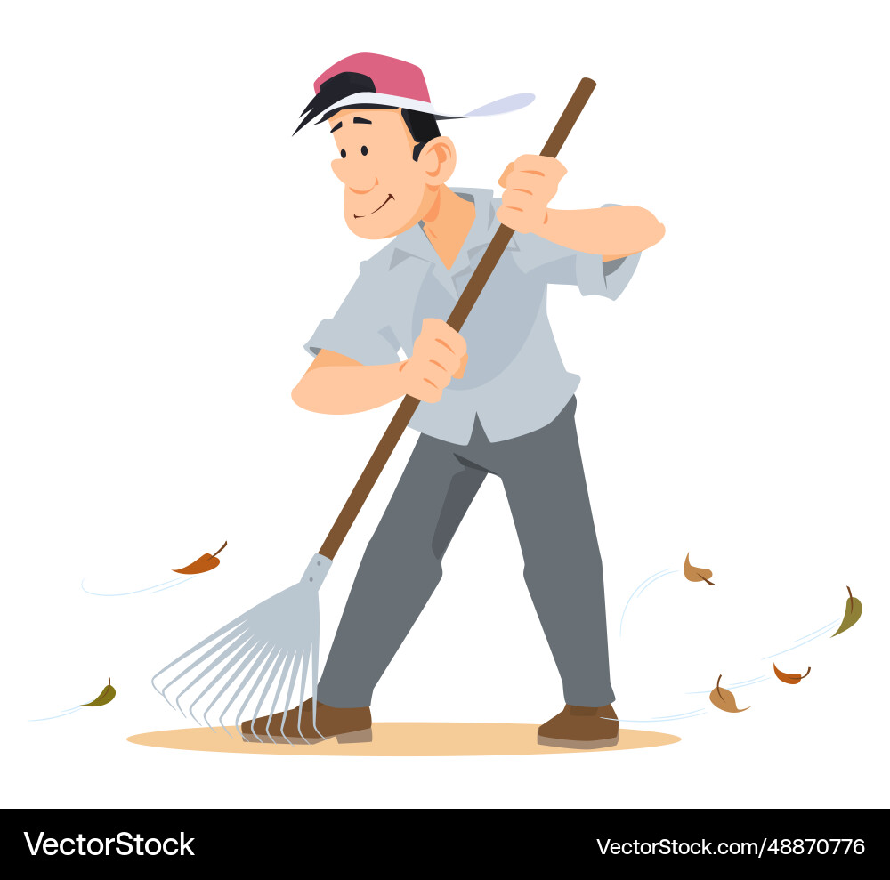 Man sweeps leaves autumn cleaning for internet Vector Image