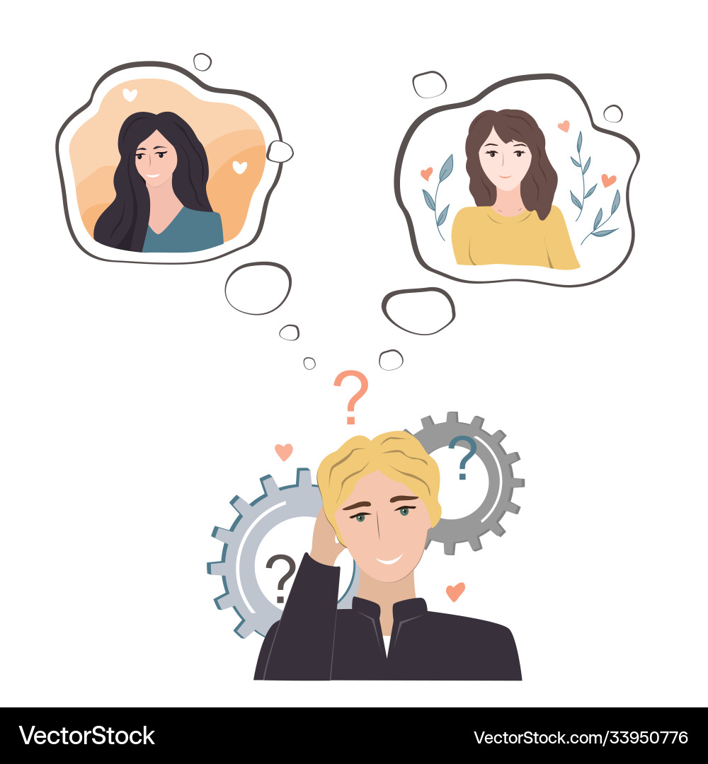 Undecided teenage guy doubting between two loves Vector Image