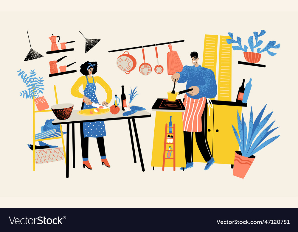 Cute couple cooking food together Royalty Free Vector Image
