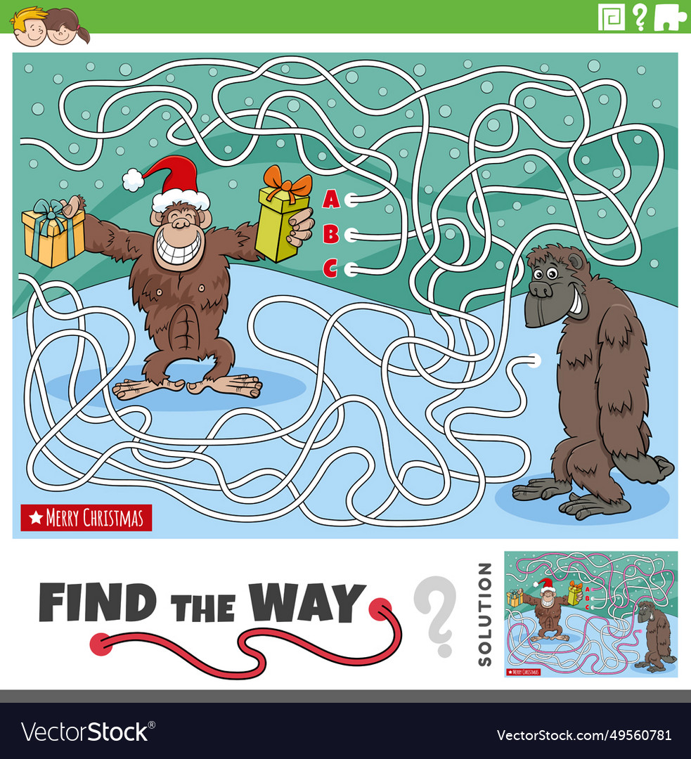 Maze game with cartoon animals on christmas time Vector Image