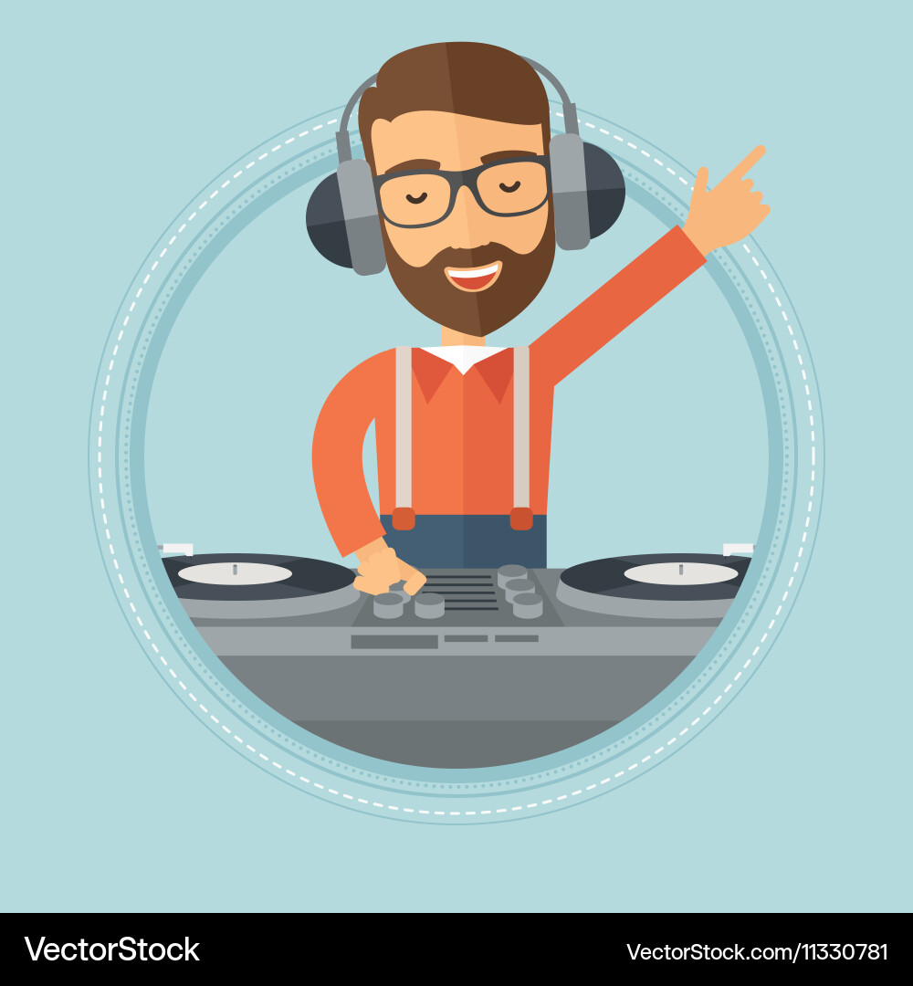 Smiling dj mixing music on turntables Royalty Free Vector