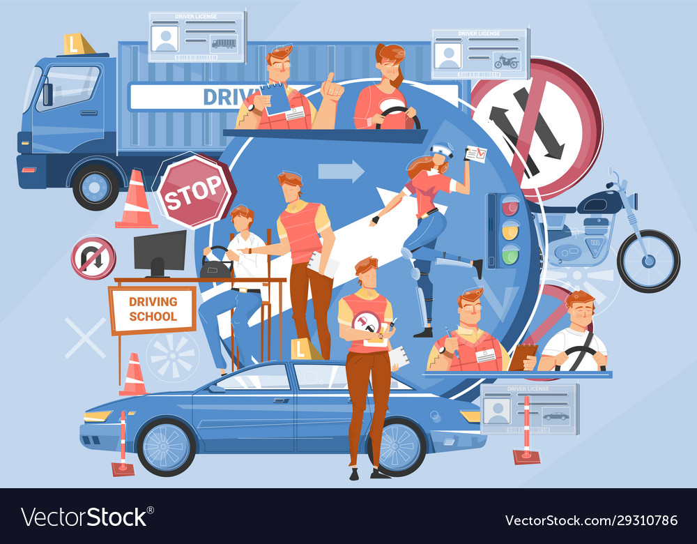 Driving school composition Royalty Free Vector Image
